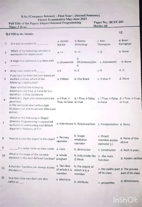 Object Oriented Programming Oops Subject 2nd Question Paper Bcsbsc