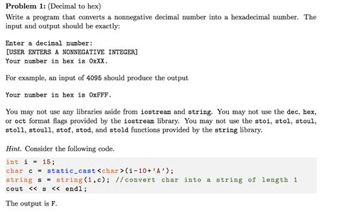 Solved Problem Decimal To Hex Write A Program That Chegg