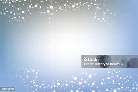 분자 구조 및 통신 Dna 원자 신경 디자인에 대 한 과학적인 개념입니다 점으로 연결 된 라인입니다 의료 기술 화학 과학 배경입니다 벡터 일러스트입니다 Dna에 대한 스톡