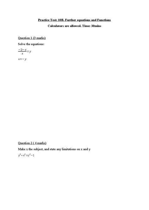 Class Test Functions Practice Test 10b Further Equations And