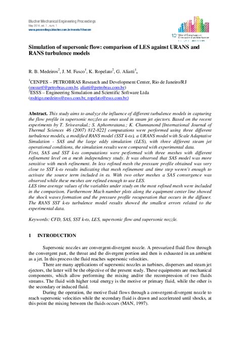 Pdf Simulation Of Supersonic Flow Comparison Of Les Against Urans And Rans Turbulence Models