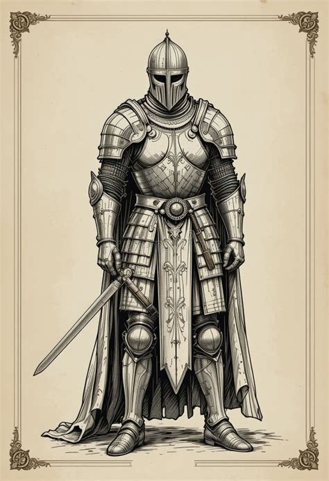 Hand Drawn Illustration With A Medieval Knight In Classic Armor Sketch