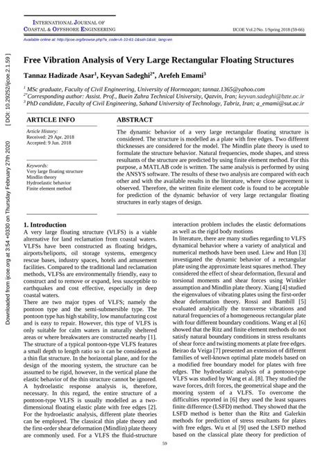 Pdf Free Vibration Analysis Of Very Large Rectangular Floating Article 1 105 Enpdf
