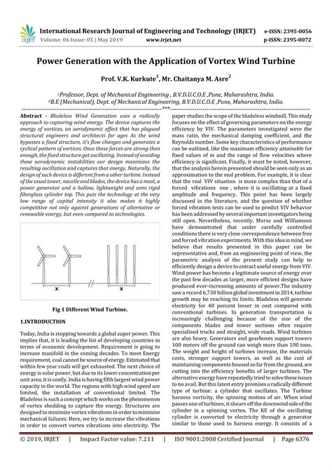 Irjet Power Generation With The Application Of Vortex Wind Turbine Pdf