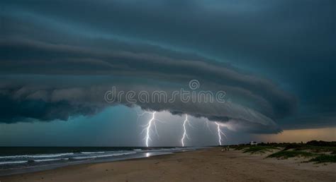 Spectacular Shelf Cloud And Lightning Storm Over Coastal Beach At Night
