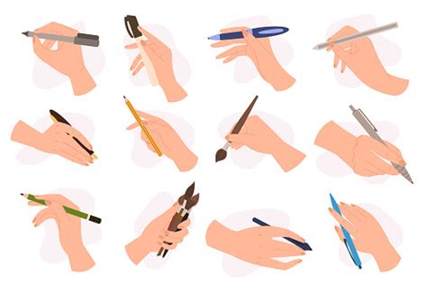 연필 펜 또는 마커 퀼 펜 및 붓과 같은 다양한 필기 도구를 들고 있는 인간의 손 세트 교육에 대한 스톡 벡터 아트 및 기타 이미지 교육 붓 계약서 Istock