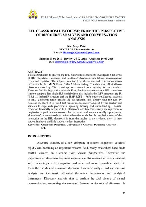 Pdf Efl Classroom Discourse From The Perspective Of Discourse Analysis And Conversation Analysis