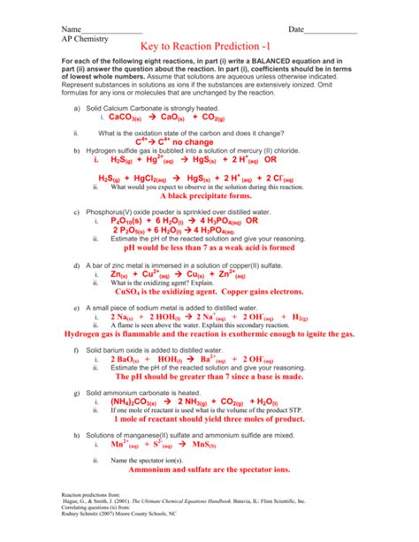 Ap Chemistry Reaction Prediction Key