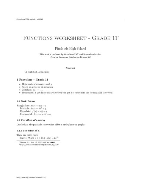 Functions Worksheet Grade 11 1 Pdf Cartesian Coordinate System