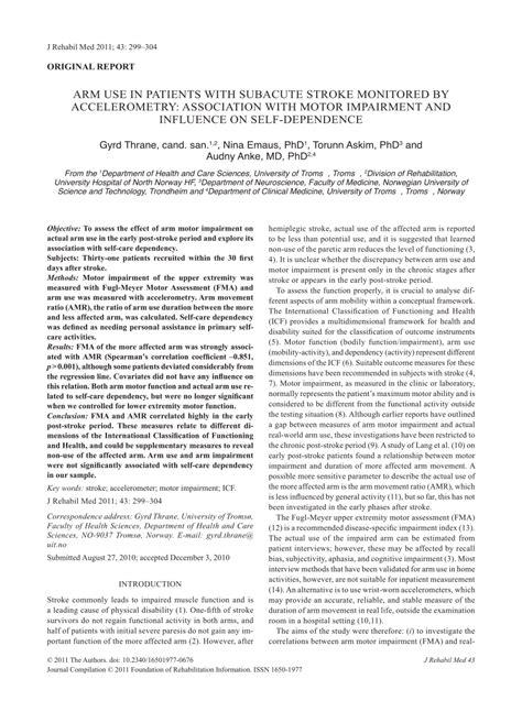 Pdf Arm Use In Patients With Subacute Stroke Monitored By Accelerometry Association With