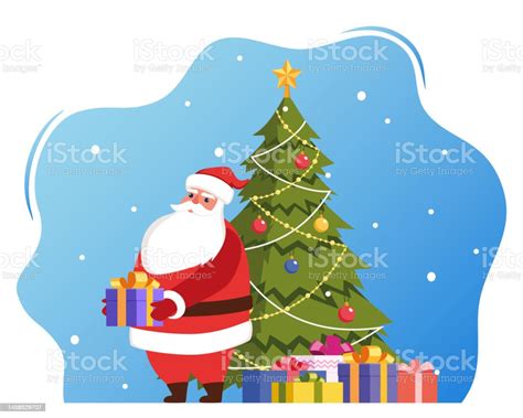 그의 손에 선물과 그의 뒤에 크리스마스 트리를 장식 귀여운 산타 클로스 캐릭터 메리 크리스마스와 새해 복 많이 받으세요 카드