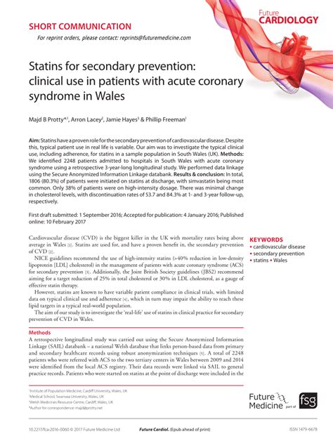 Pdf Statins For Secondary Prevention Clinical Use In Patients With Acute Coronary Syndrome In