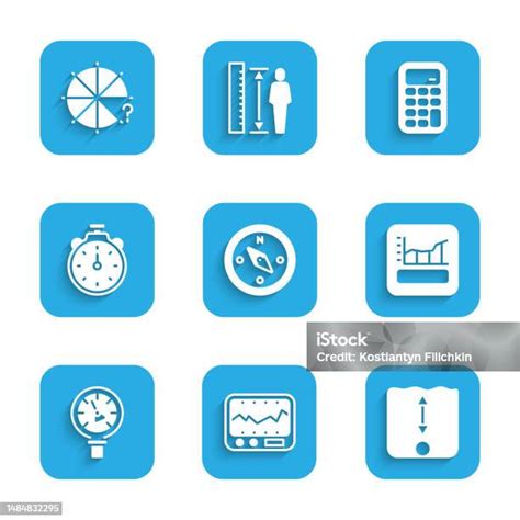나침반 측정기 깊이 측정 그래프 일정 차트 다이어그램 압력 수량계 스톱워치 계산기 및 조각 원 아이콘을 설정합니다 벡터 0명에