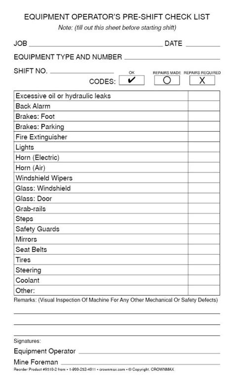 9510 Equipment Operator Pre Shift Checklist