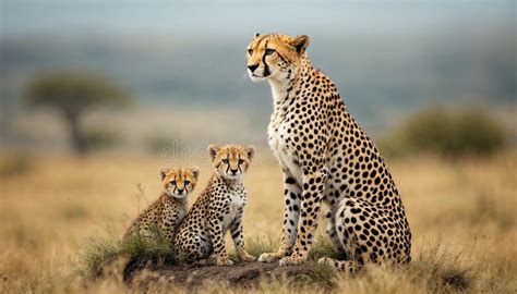 Cheetah Mother And Cubs In African Savanna At Sunset Stock Illustration