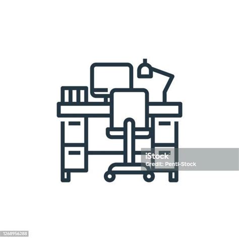 흰색 배경에 격리된 책상 벡터 아이콘입니다 개요 웹 사이트 디자인 및 모바일 응용 프로그램 개발을위한 얇은 라인 데스크 아이콘 얇은 라인 데스크 윤곽선 아이콘 벡터