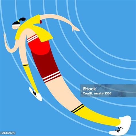길쭉한 팔다리가 움직이는 경쟁 주자의 만화 스타일에 추상 벡터 일러스트 레이 션 곡선과 블루 트랙에서 전력 질주 속도 달리기에