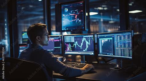 A Data Analyst Sitting At A Sleek And Modern Workspace Surrounded By Multiple Computer Screens