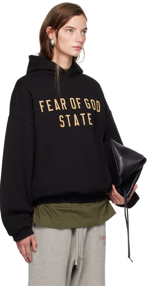 Fear Of God Essentials Black Printed Logo Hoodie Fear Of God Essentials