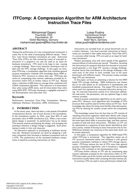 Pdf Itfcomp A Compression Algorithm For Arm Architecture Instruction Trace Files