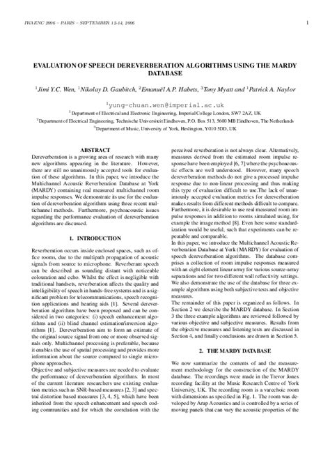 Pdf Evaluation Of Speech Dereverberation Algorithms Using The Mardy