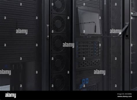 Data Center With Multiple Rows Of Fully Operational Server Racks Modern Telecommunications