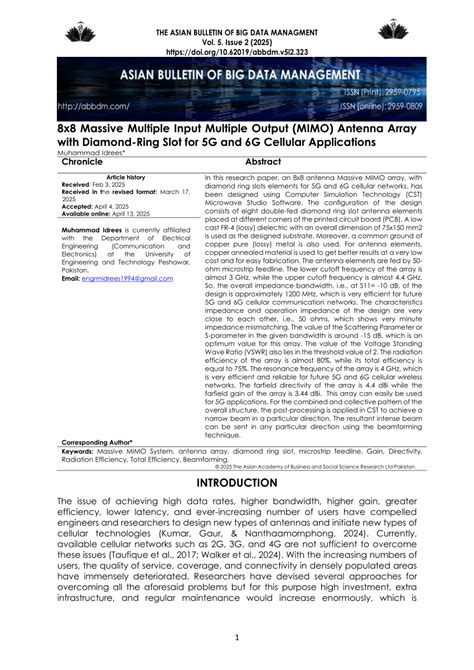 Pdf 8x8 Massive Multiple Input Multiple Output Mimo Antenna Array With Diamond Ring Slot For