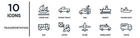 교통 개요 아이콘 세트는 얇은 라인 바이킹 선박 밴 낚시 보트 리프터 구급차 트럭 보고서 프레 젠 테이션 다이어그램 웹 디자인을위한 버스 아이콘을 포함합니다 0명에 대한