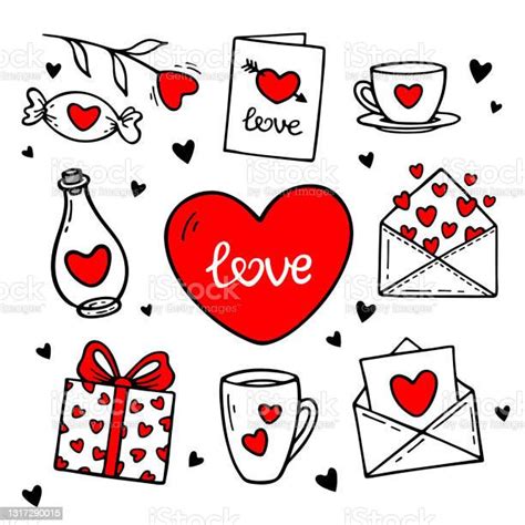 사랑 낙서 요소 선물 하트 카드 편지 컵 선물 물약과 아이콘의 귀여운 손으로 그린 세트 벡터 그림입니다 2월에 대한 스톡 벡터 아트 및 기타 이미지 Istock