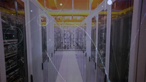 Animation Of Connected Dots And Lens Flares Over Data Server Racks In Server Room Stock Video
