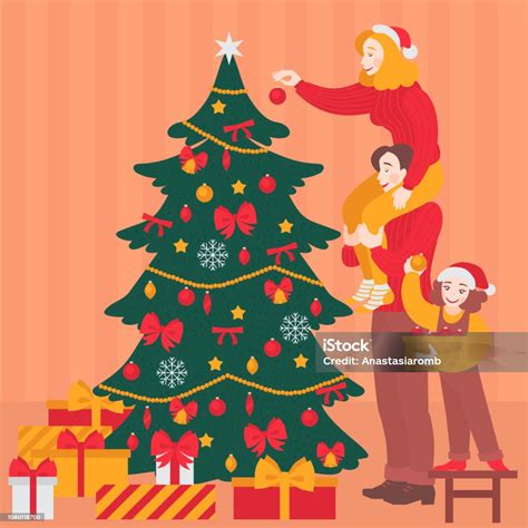 행복 한 가족 함께 크리스마스 트리를 장식 합니다 전통적인 휴일 축 하 파티 쾌활 한 부모 자녀와 함께 어머니 아버지와 산타 모자에 Aughter입니다 새 해 인사말 카드