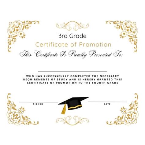 3rd Third Grade Graduation Certificate Of Completion Promotion Gold
