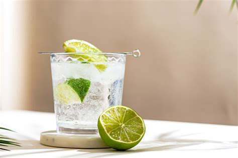 석회와 얼음 조각이있는 차가운 미네랄 워터가있는 유리 열대 야자 잎 그림자 햇빛과 그림자 배경 베이지 최소한 0명에 대한 스톡