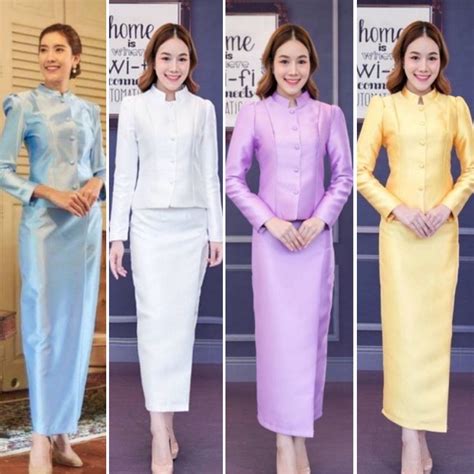 Set ชุดไทยจิตรลดา อัดกาวทั้งชุด เสื้อกระดุมหน้า บ่ายกจีบตรงหัวไหล่มาพร้อมกระโปรง Orashop เดรส