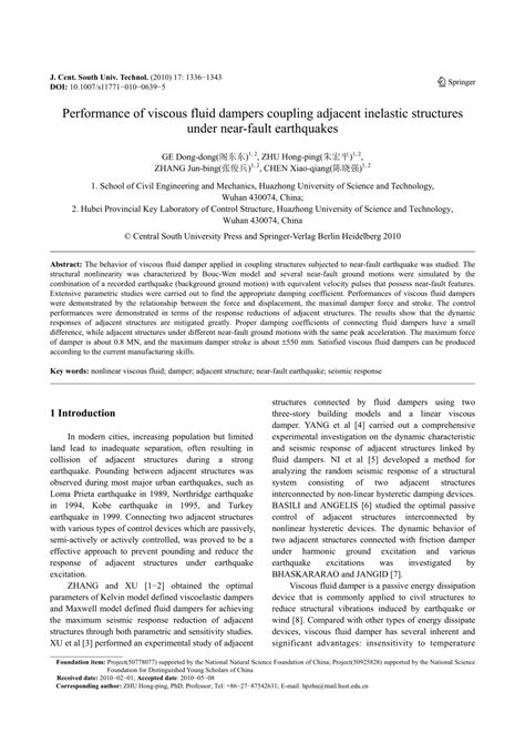 Pdf Performance Of Viscous Fluid Dampers Coupling Adjacent Inelastic Structures Under Near