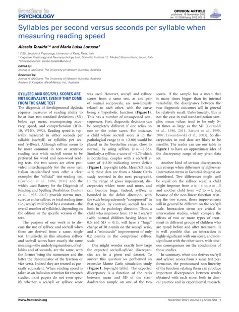 Pdf Syllables Per Second Versus Seconds Per Syllable When Measuring Reading Speed