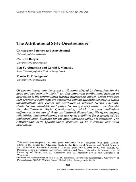 Attributional Style Questionnaire Asq Pdf Cronbachs Alpha Major Depressive Disorder