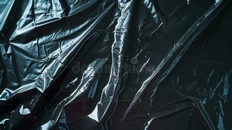 Crumpled Black Plastic Reflecting Light Creating Abstract Texture Stock