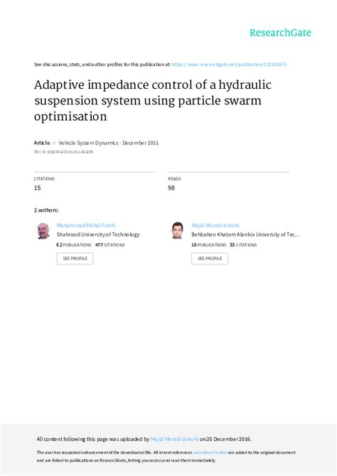 Pdf Adaptive Impedance Control Of A Hydraulic Suspension System Using Particle Swarm Optimisation