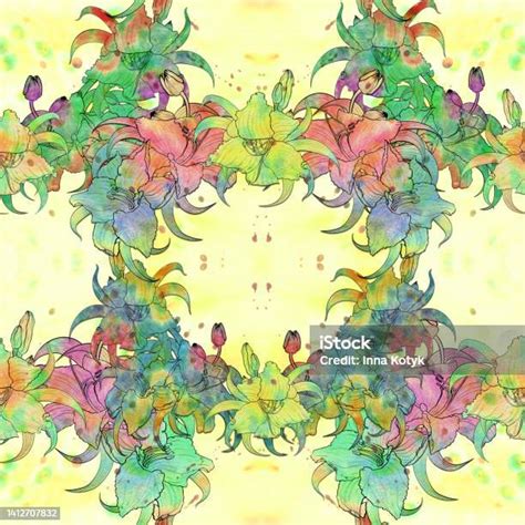 원활한 패턴 백합 꽃 새싹 및 잎 꽃 디지털 아트 여름 정원 꽃 인쇄물 표지판 항목 웹 사이트지도를 사용하십시오 그래픽 프린트에 대한 스톡 벡터 아트 및 기타 이미지