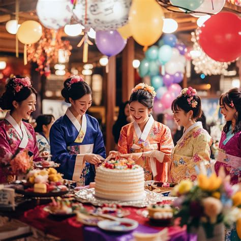 예쁘고 우아한 한국인 여성들이 전통 한복을 입고 화려한 생일 파티를 즐기고 있는 모습 다채로운 색상의 한복을 입은 여성들이 웃으며 케이크를 자르고 풍선과 화려한 장식이