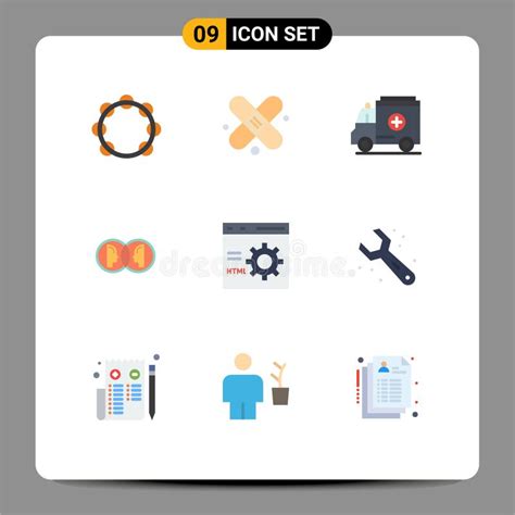Modern Set Of 9 Flat Colors Pictograph Of Coding Man Ambulance Duplicate Face Stock Vector