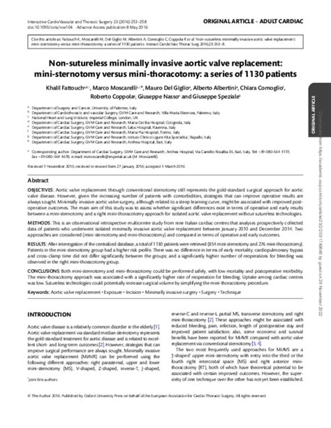 Pdf Non Sutureless Minimally Invasive Aortic Valve Replacement Mini Sternotomy Versus Mini