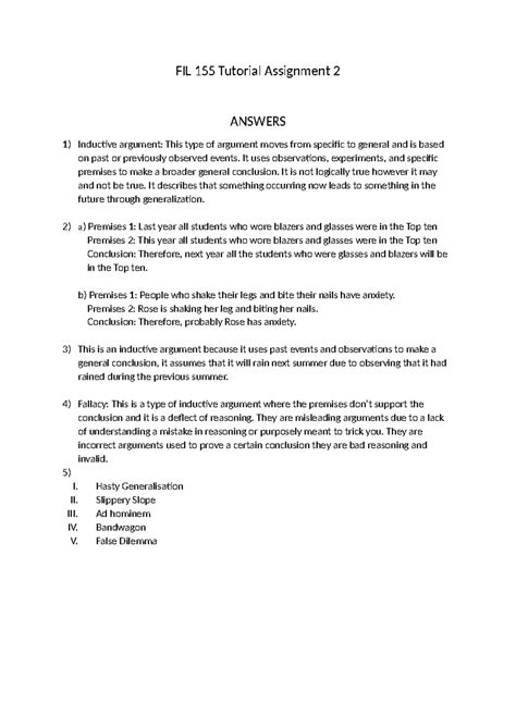 Fil 155 Tutorial Assignment 2 Fil 155 Tutorial Assignment 2 Answers 1 Inductive Argument