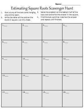 Estimating Square Roots Scavenger Hunt By Lisa Scherck TPT