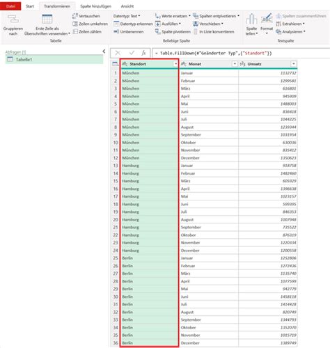 excel leere zellen in einer spalte füllen mit power query