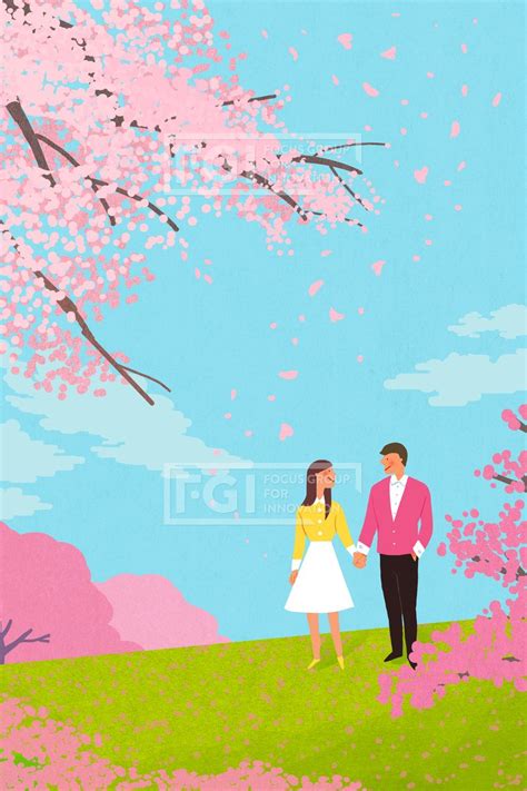 Pai140 프리진 일러스트 풍경 가족 커플 봄 봄풍경 꽃 계절 시즌 식물 사람 가정 인물 캐릭터