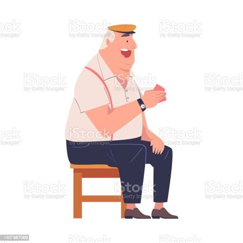 시니어 남자 캐릭터 카드 놀이 게임 의자에 앉아있는 벡터 일러스트 레이 션 긍정적인 감정 표현에 대한 스톡 벡터 아트 및 기타 이미지 긍정적인 감정 표현 남자
