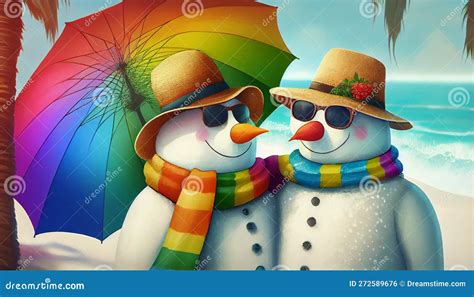 Happy Snowman Standing In Seaside Landscape Winter Fairytale Stock Illustration Illustration