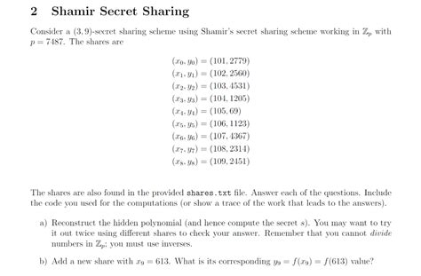 Shamir Secret Sharing Consider A Secret Chegg